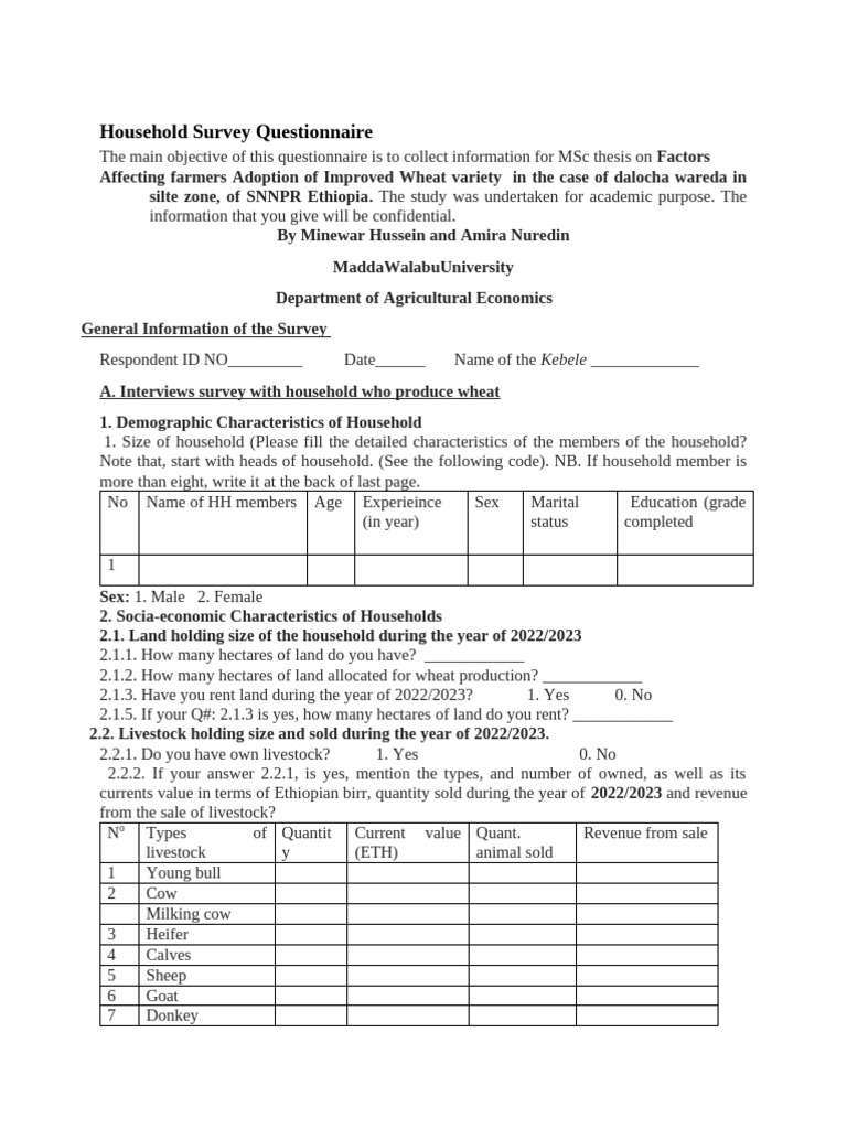 Household Survey Questionnaire | PDF