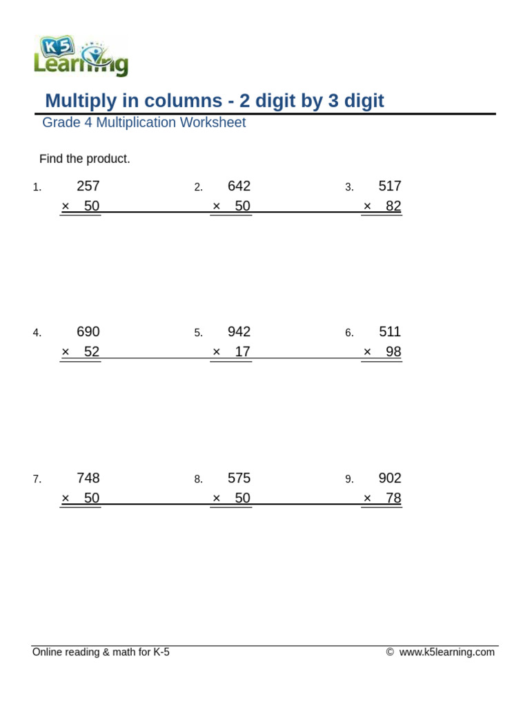 Grade 5 Multiply Columns 2 Digit 3 Digit A | PDF