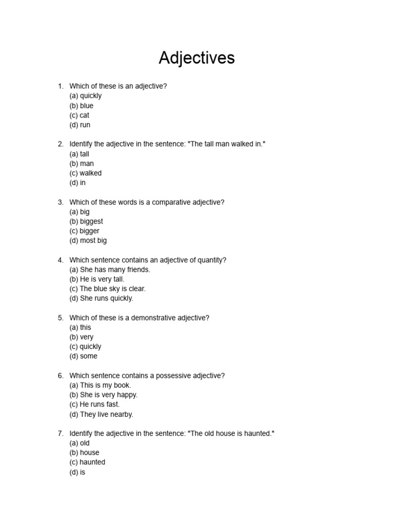Class 6th - English - Adjectives - Questions | PDF