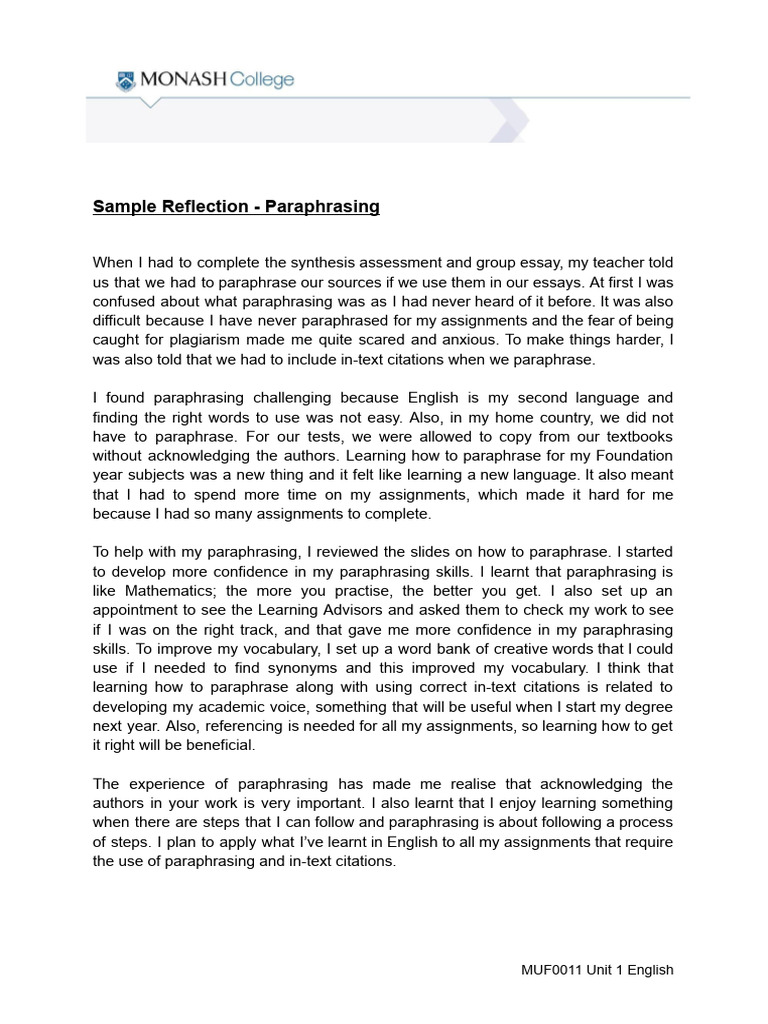 Sample Reflection - Paraphrasing | PDF