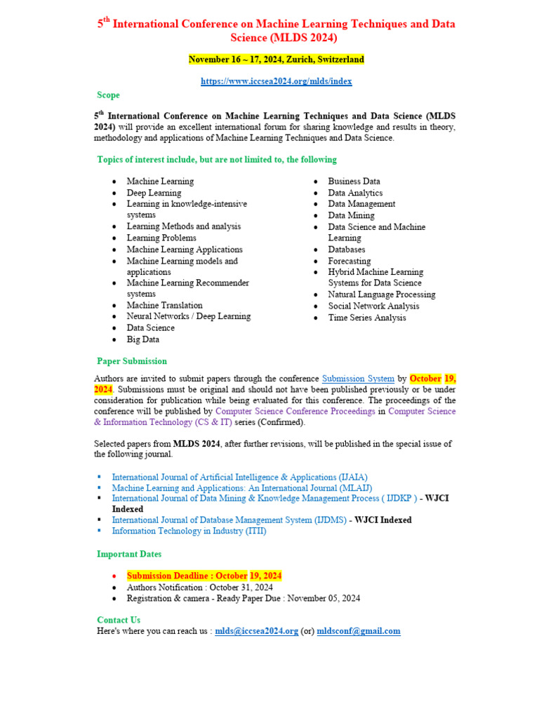 5th International Conference On Machine Learning Techniques and Data Science (MLDS 2024) | PDF ...