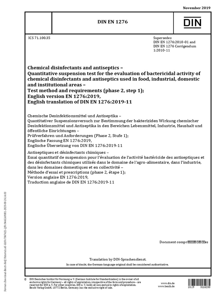 DIN en 1276 (2019) - Chemical Disinfectants and Antiseptics - Quantitative Suspension | PDF