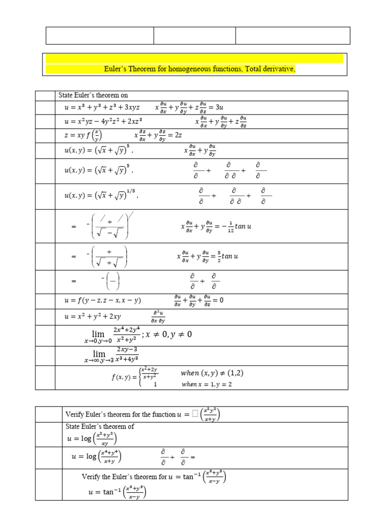 Eulers+partial+total Deri - PRACTICE - SHEET - UNIT - 1 - K24AS11 | PDF
