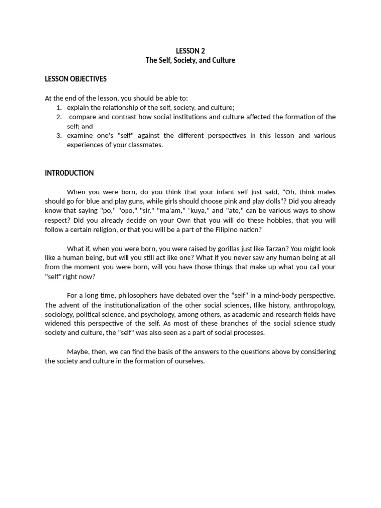 Lesson 2 The Self, Society, and Culture | PDF