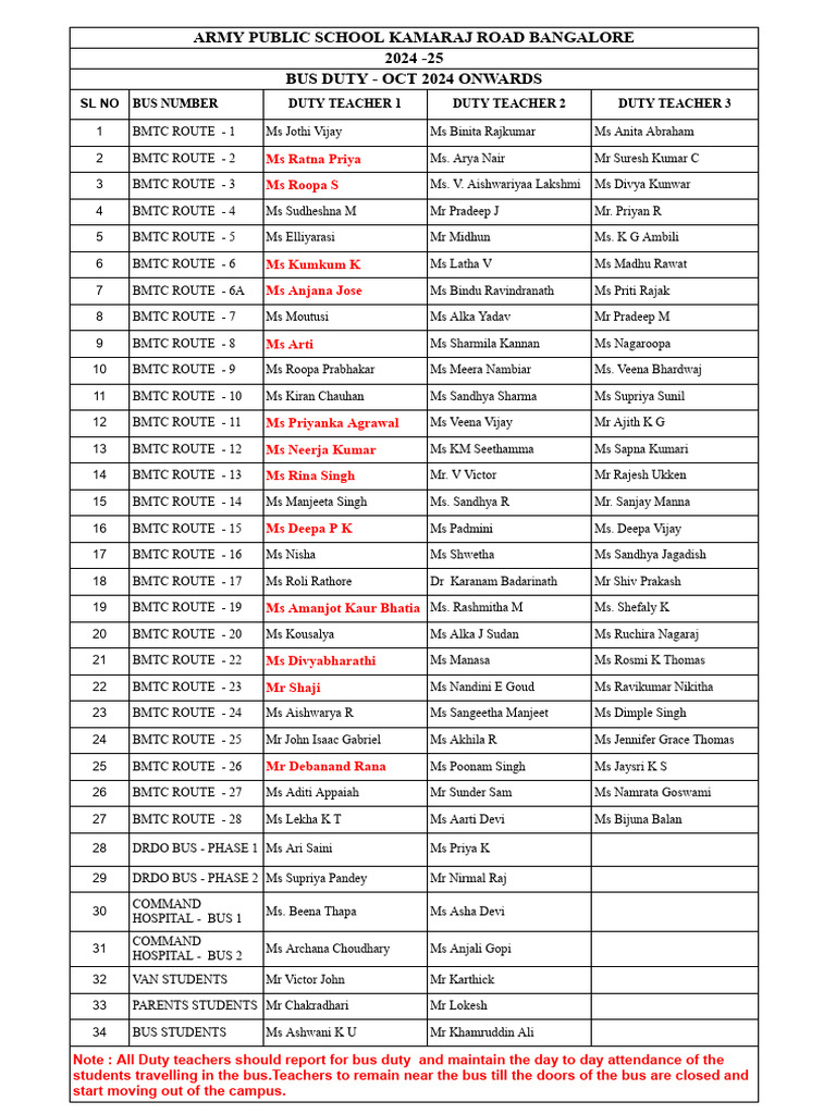 BUS DUTY 2024 - 25 (Oct 2024) | PDF
