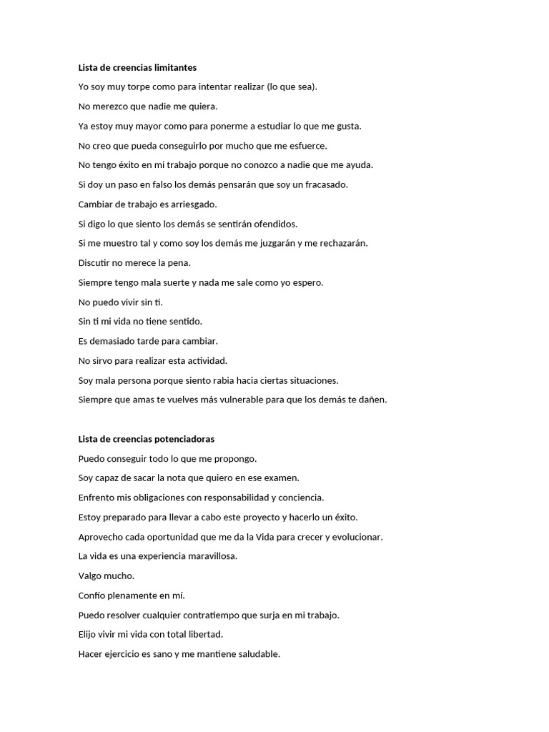 Lista de Creencias Limitantes | PDF