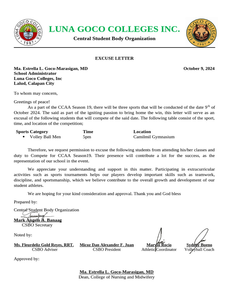 Excuse Letter - CCAA | PDF