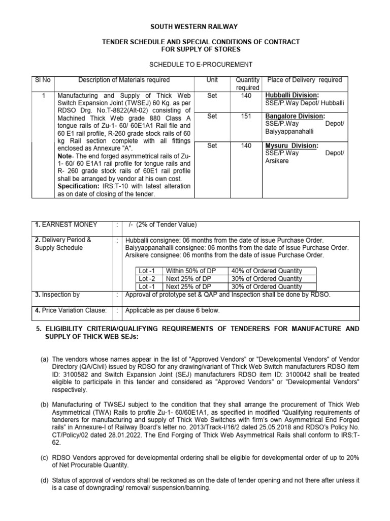 Tender Schedule and Special Conditions of Contract | PDF | Prices | Screw