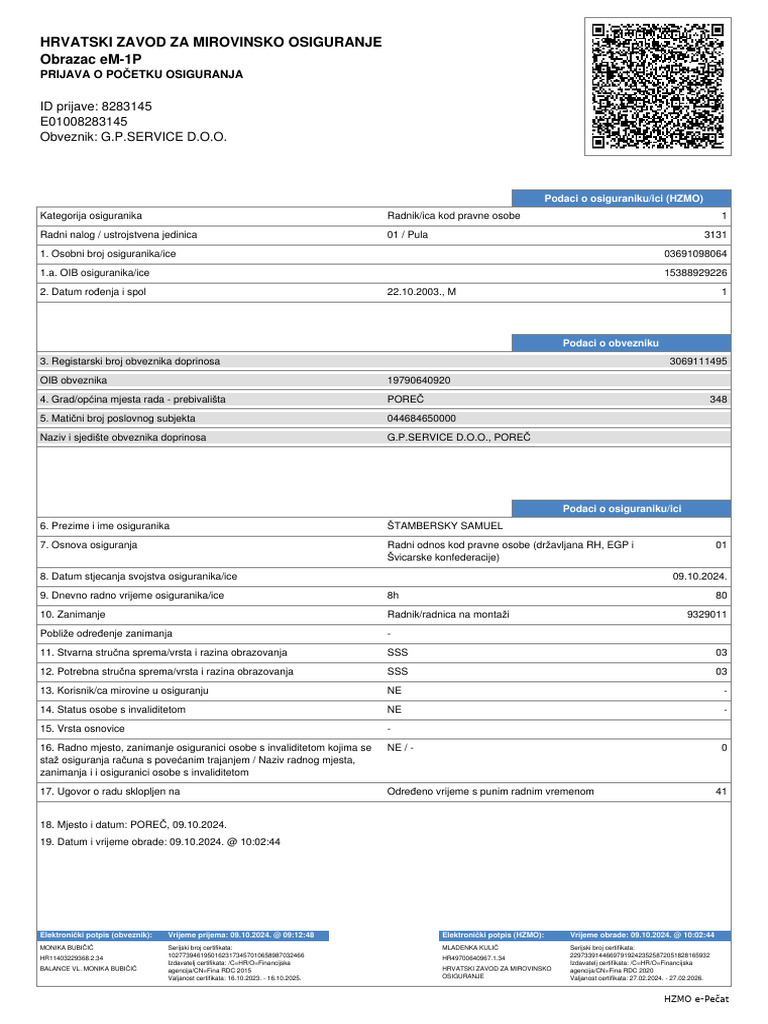 Potvrda m1p 8283145 | PDF