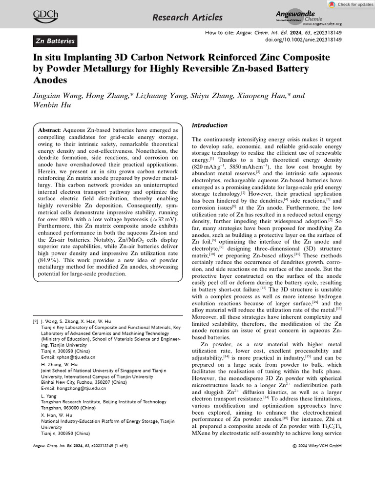 Angew Chem Int Ed - 2024 - Wang - in Situ Implanting 3D Carbon Network Reinforced Zinc Composite ...