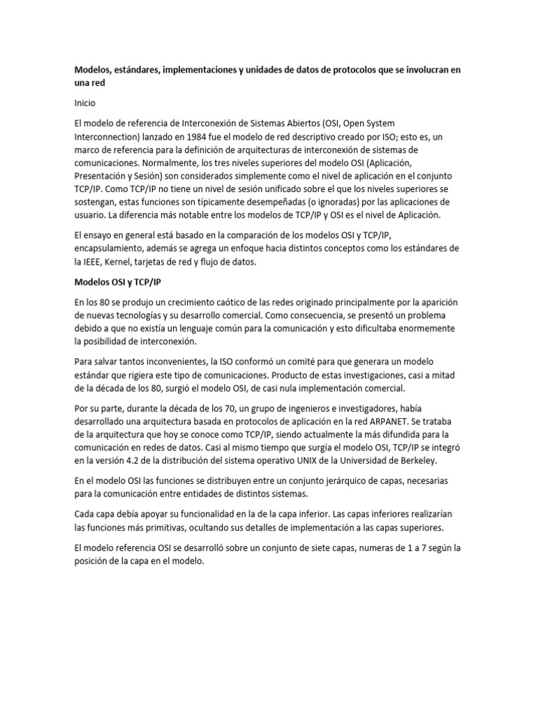 Modelos, Estándares, Implementaciones y Unidades de Datos de Protocolos Que Se Involucran en Una ...