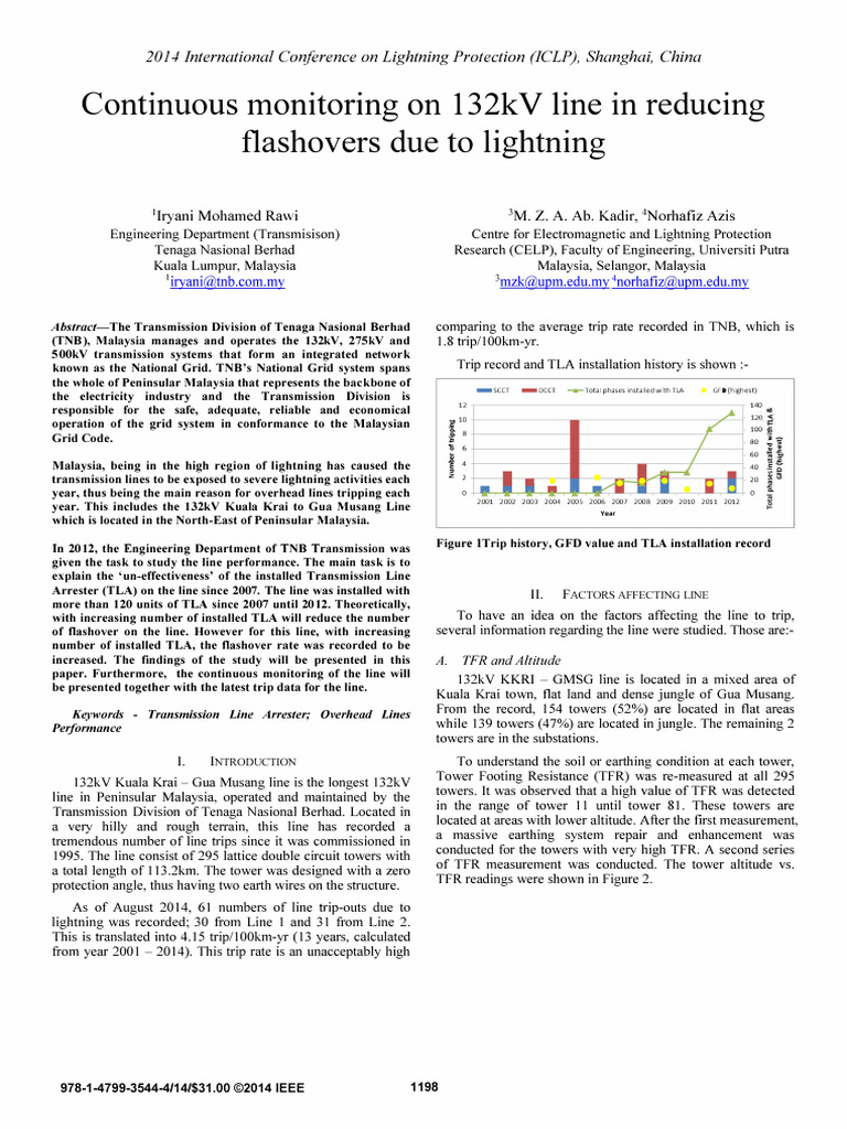 Continuous monitoring on 132kV line in reducing flashovers due to lightning | PDF