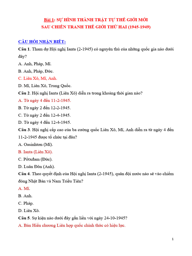 Bo Cau Hoi Trac Nghiem Lich Su 12 On Thi THPT 1 30 | PDF