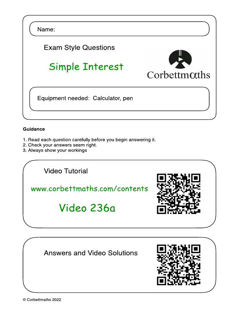 Simple Interest Corbett Maths Qs | PDF