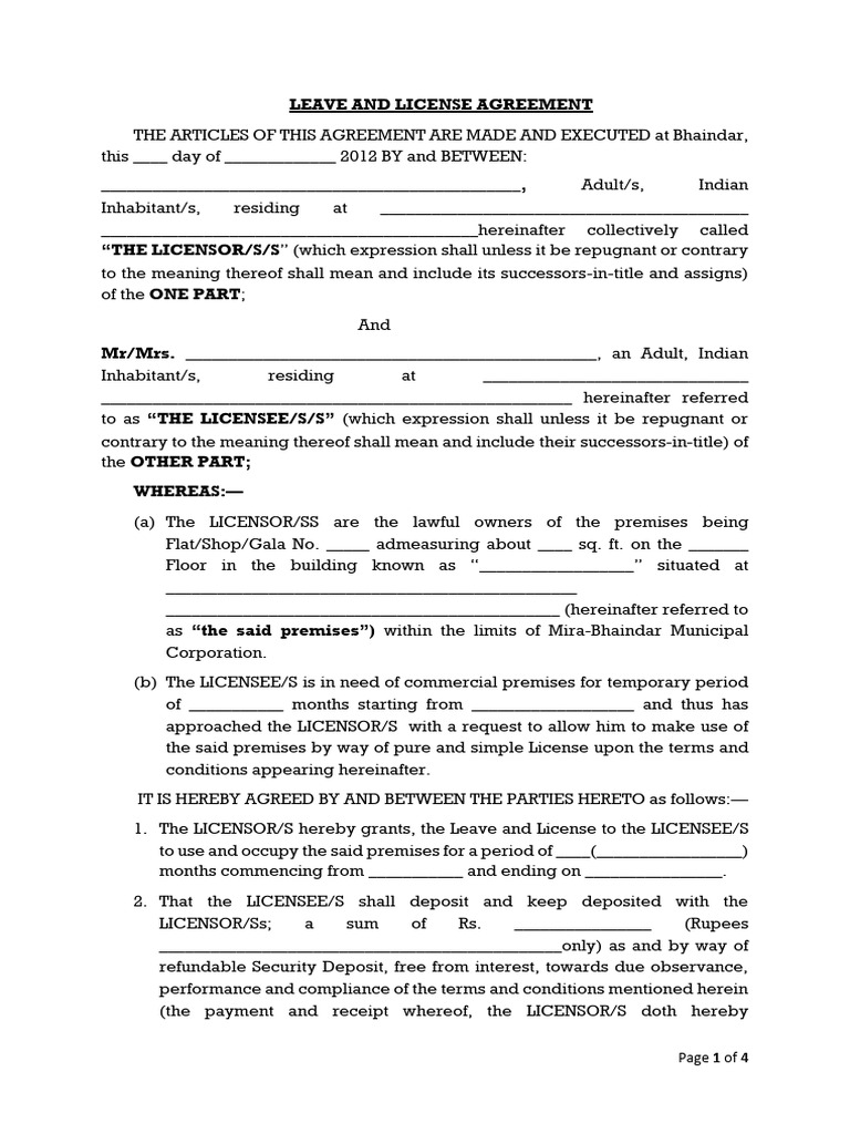 Leave and License Draft | PDF