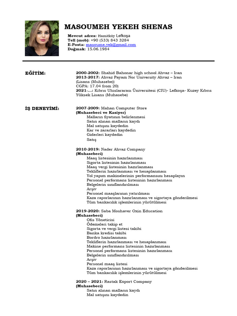 CV - Masoumeh Yekeh Shenas-Turkish | PDF