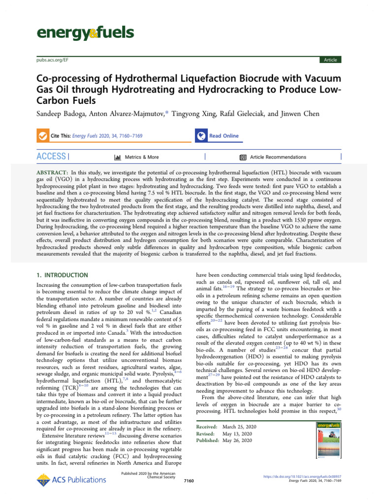 Co-Processing of Hydrothermal Liquefaction Biocrude With Vacuum Gas Oil ...