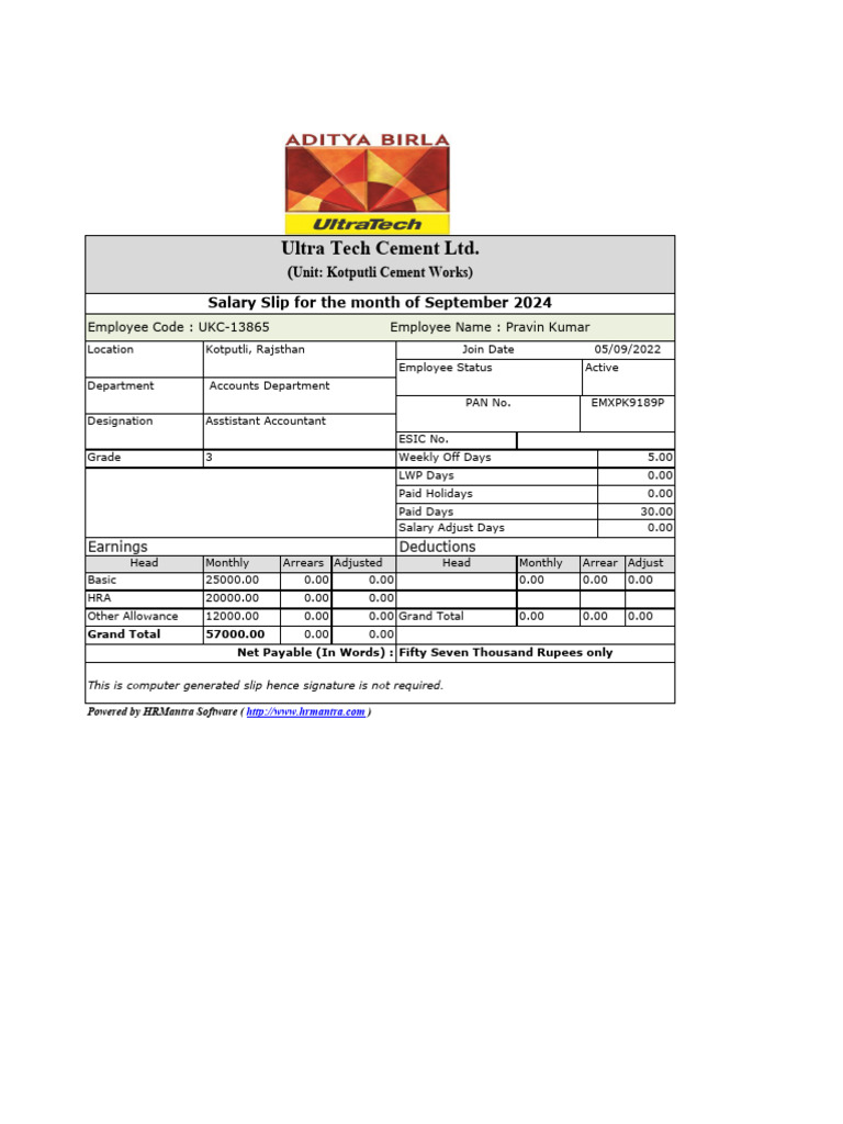Pravin Kumar Salary Slip Sep24 | PDF