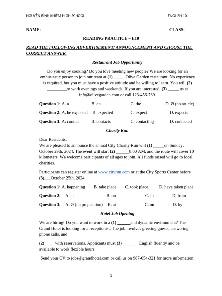 Reading Pract - E10 - NBK | PDF