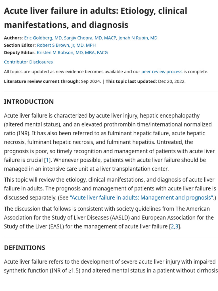 Acute Liver Failure in Adults - Etiology, Clinical Manifestations, and ...