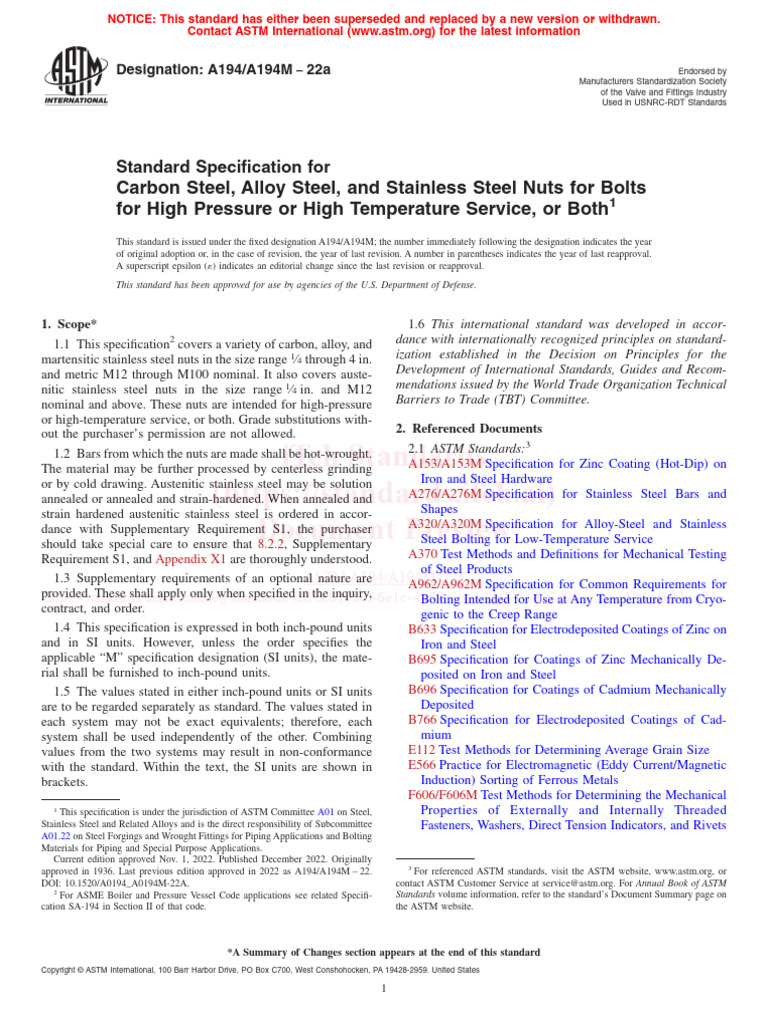 ASTM A194 A194M 22a | PDF | Screw | Steel