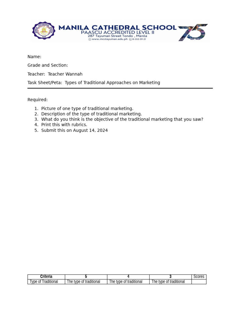 Traditional Marekting - Task Sheet and Rubrics | PDF