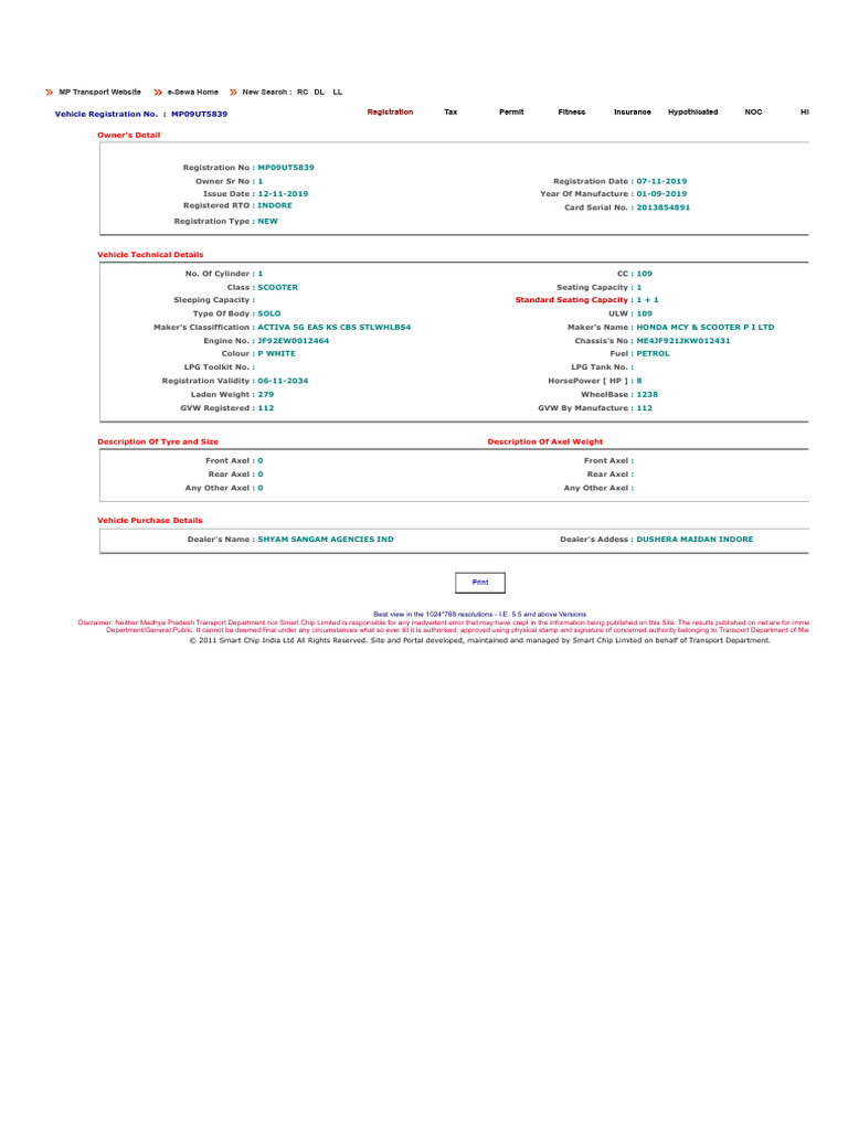 MP Transport Website E-Sewa Home New Search: RC DL LL: Owner's Detail | PDF
