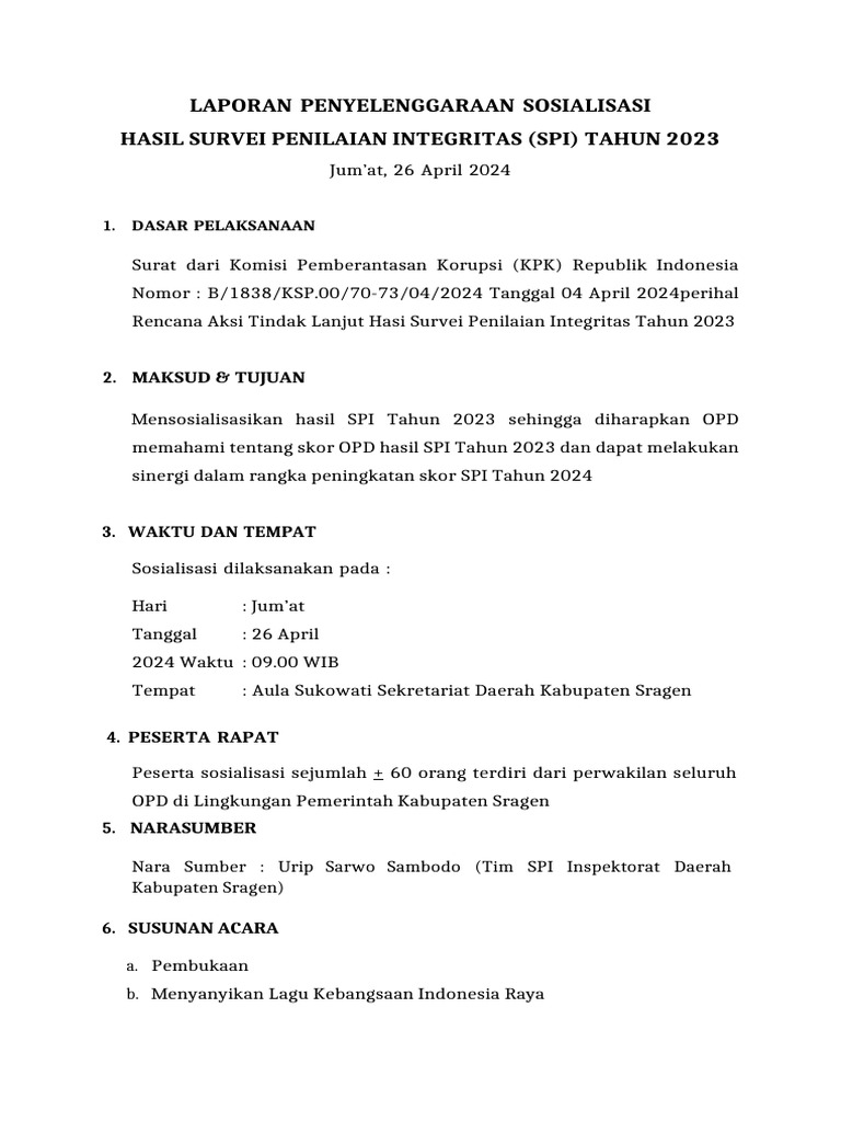 laporan Sosialisasi Hasil SPI 2023 | PDF