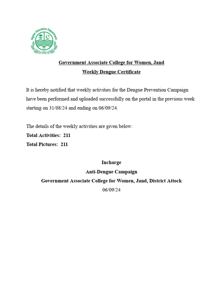Weekly Dengue Certificate | PDF