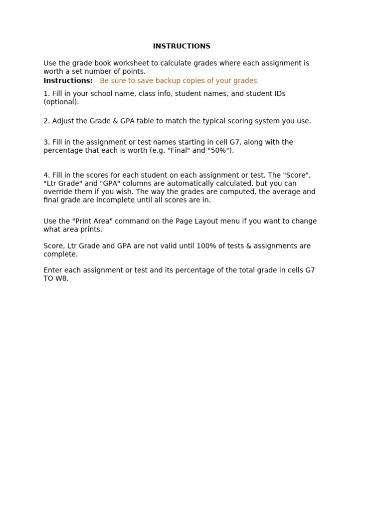 Teacher's Grade Book Based On Percentages | PDF