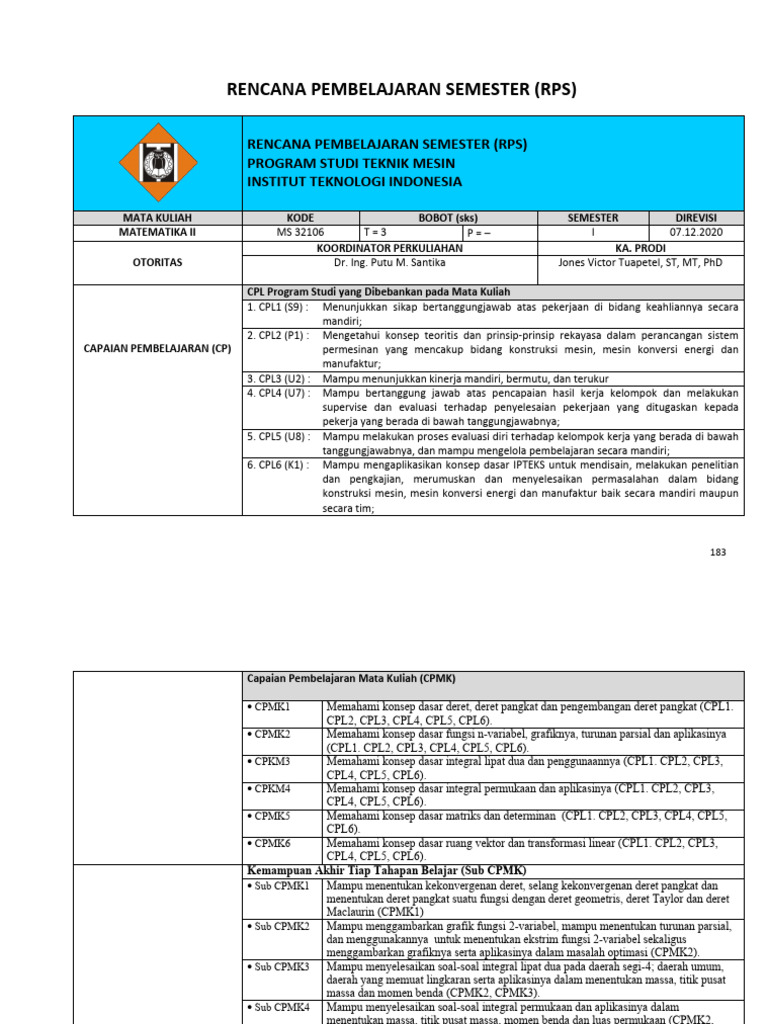 RPS Matematika II 2020 | PDF