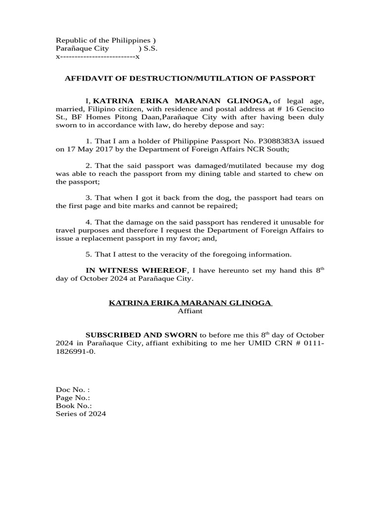 Affidavit of Mutilation of Passport GLINOGA | PDF