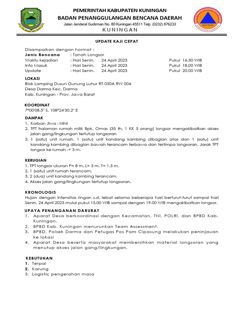 Tanah Longsor Desa Darma Kec - Darma | PDF