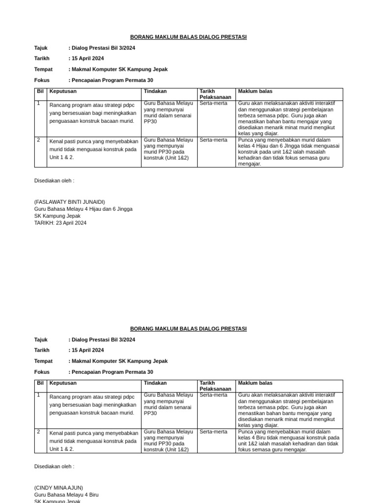BORANG MAKLUM BALAS DIALOG PRESTASI Bil 3 2024 | PDF