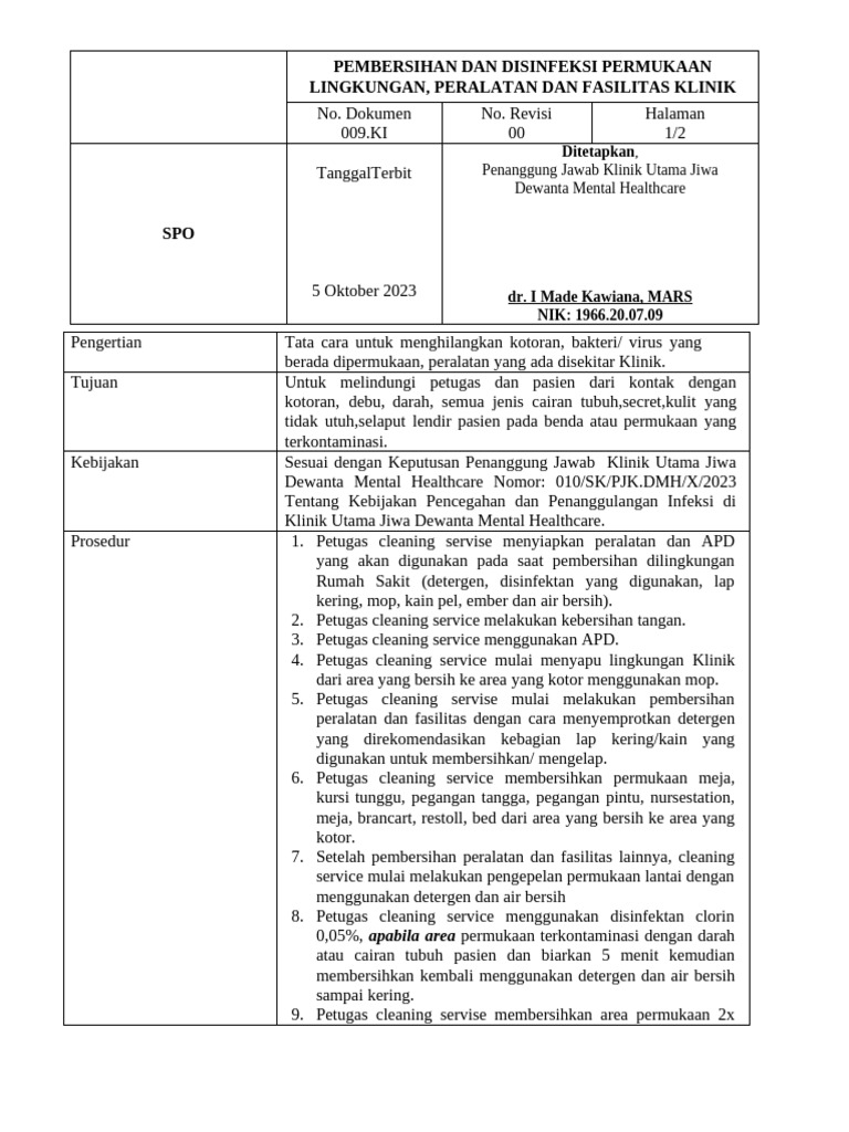009.ki Pembersihan Dan Disinfeksi Permukaan Lingkungan | PDF