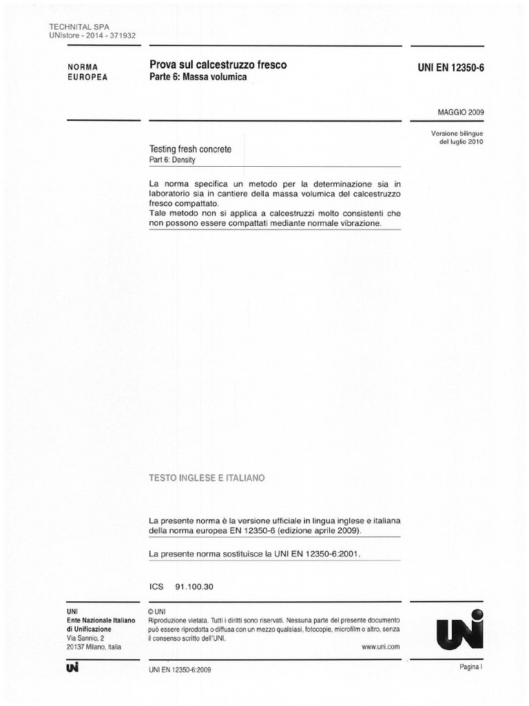 UNI en 12350-6 Prove Su Calcestruzzo Fresco | PDF