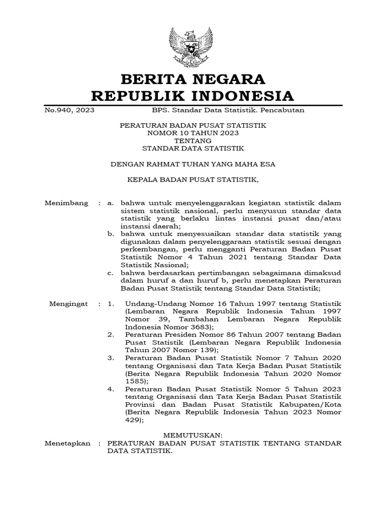Peraturan-Bps-No-10-Tahun-2023 Standar Data | PDF