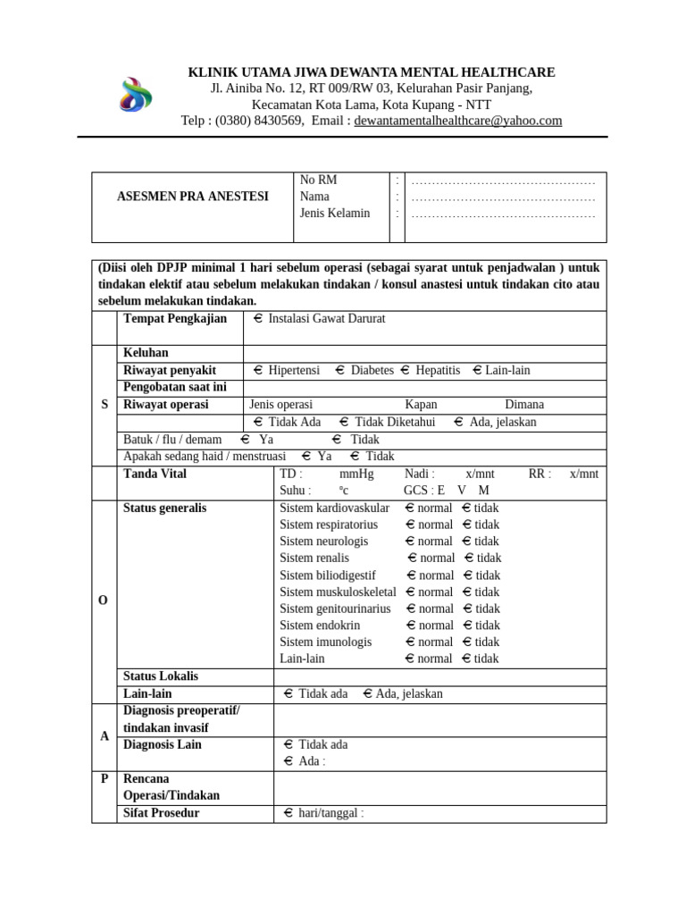 Form Asesment Anastesi | PDF