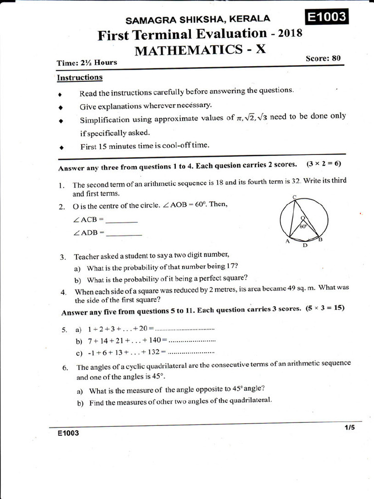 STD 10 Onam First Term Exam 2018 Question Paper - Maths - English ...