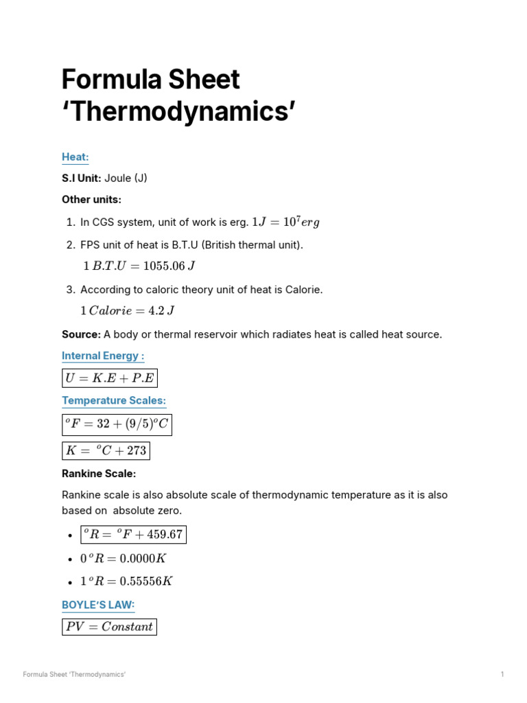 Formula Sheet Heat & Thermodynamics | PDF