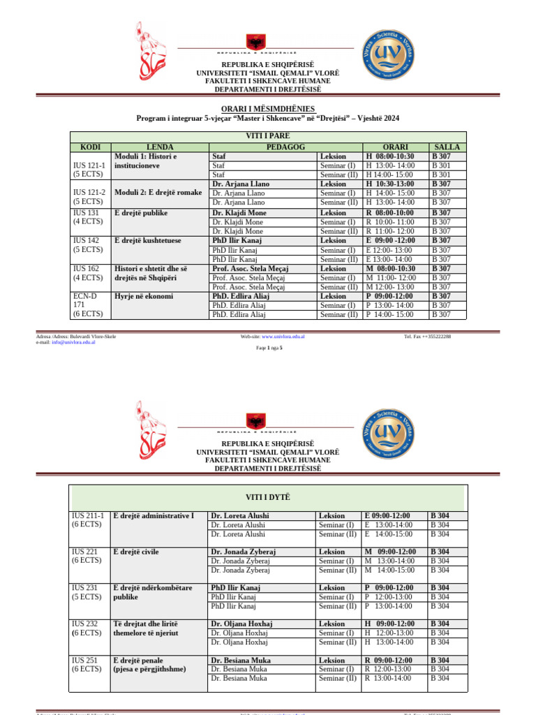 Orari, Vjeshte 2024, Programi 5-Vjecar | PDF