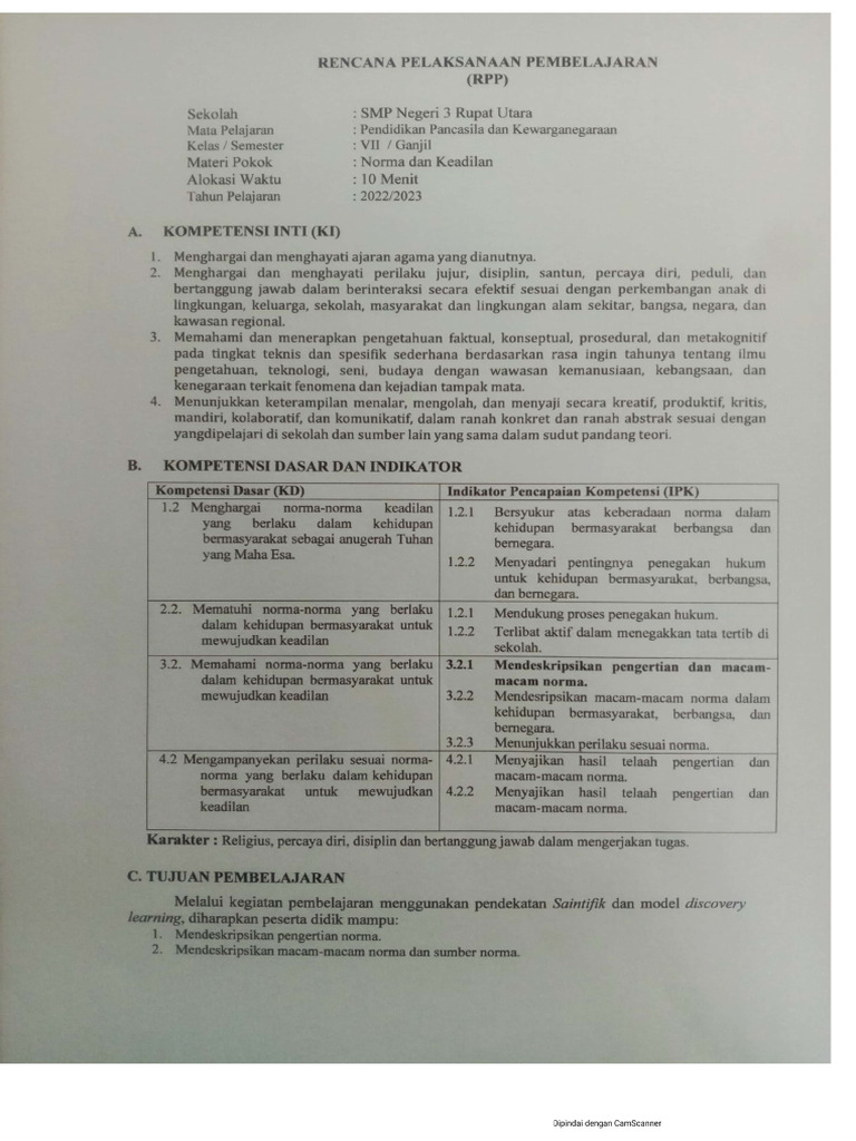 RPP Bu Tati Kelas 7 (Macam Norma) | PDF