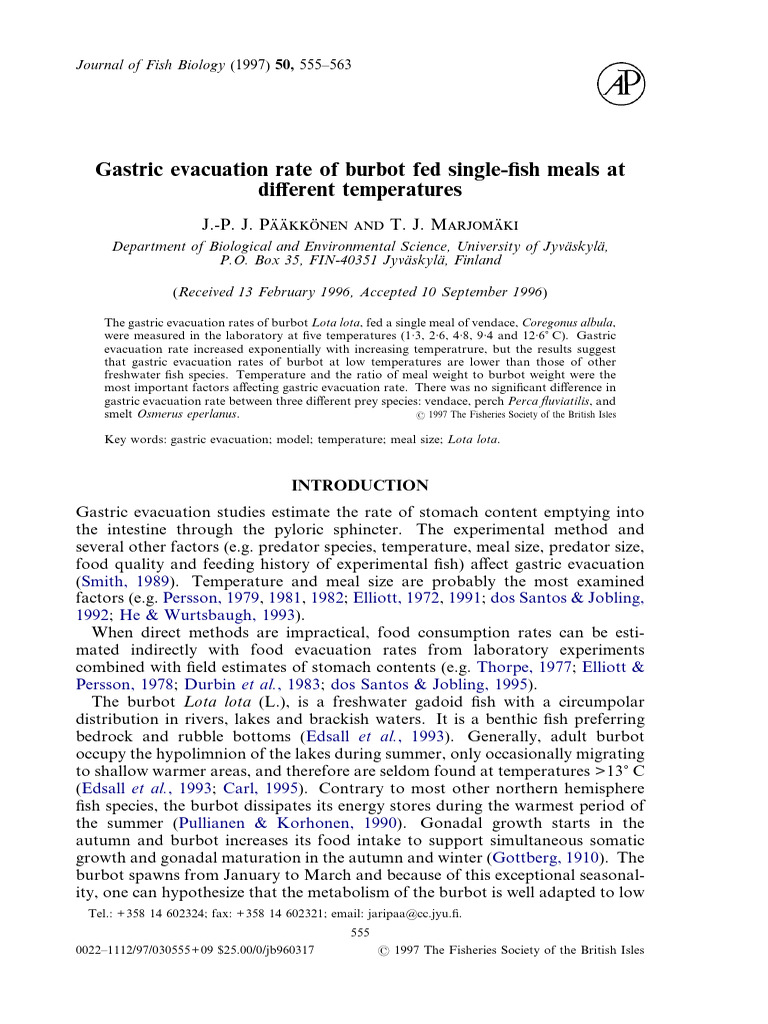 Gastric Evacuation Rate of Burbot Fed Si | PDF