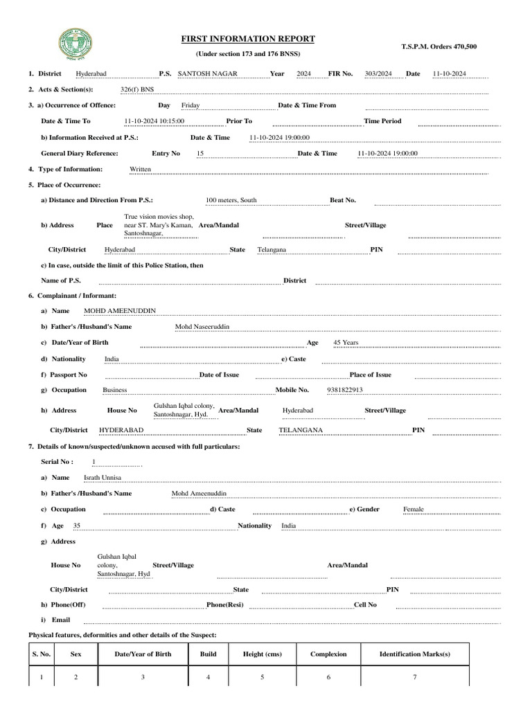 First Information Report: S. No. Sex Date/Year of Birth Build Height (CMS) Complexion ...