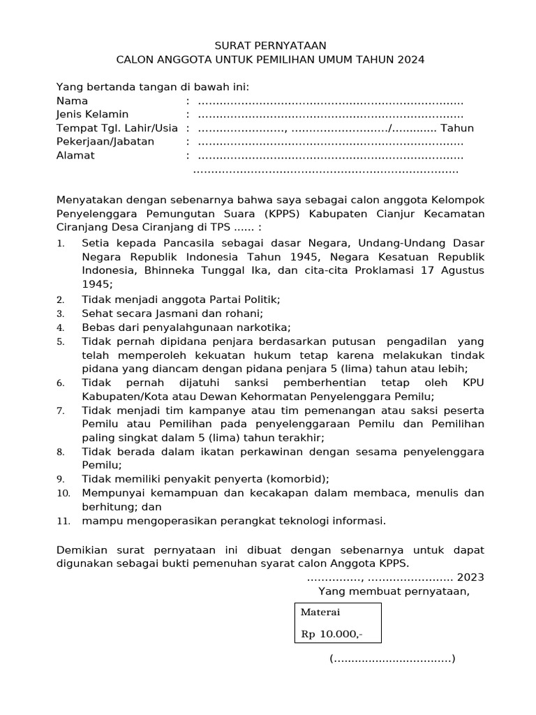 Surat Pernyataan Calon KPPS | PDF