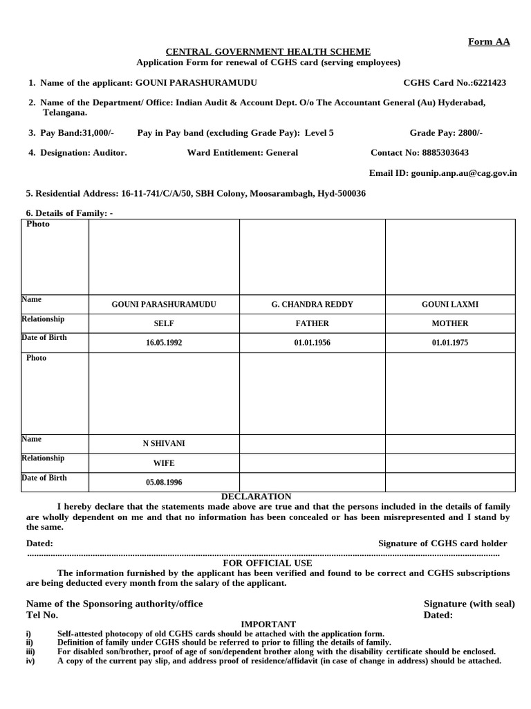 CGHS Renewal Form | PDF