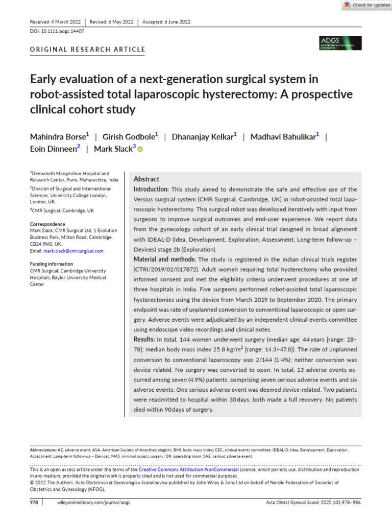 Acta Obstet Gynecol Scand - 2022 - Borse - Early Evaluation of A Next Generation Surgical System ...