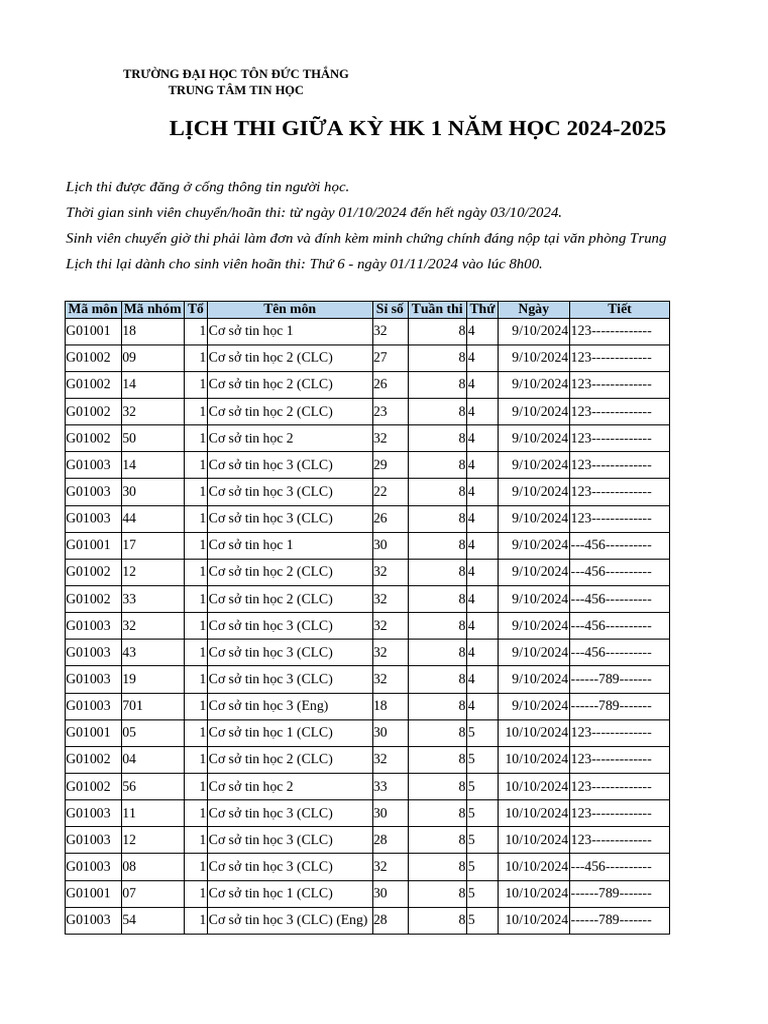 (Chinh Thuc) Lich Thi GK CK Hoc Phan CSTH - hk1 2024 2025 - Khoa Cu - Gui SV (20240909 - 045757 ...