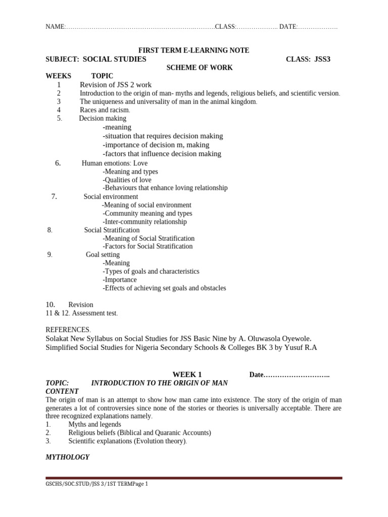 1ST Term J3 Social Studies | PDF