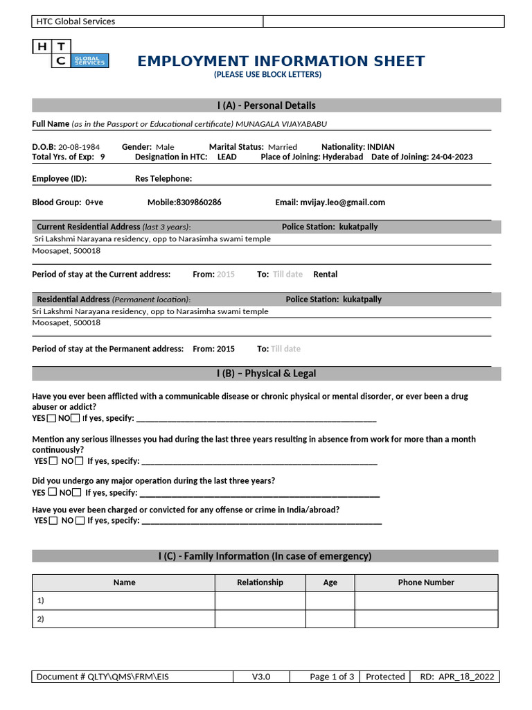 Employee Information Sheet | PDF